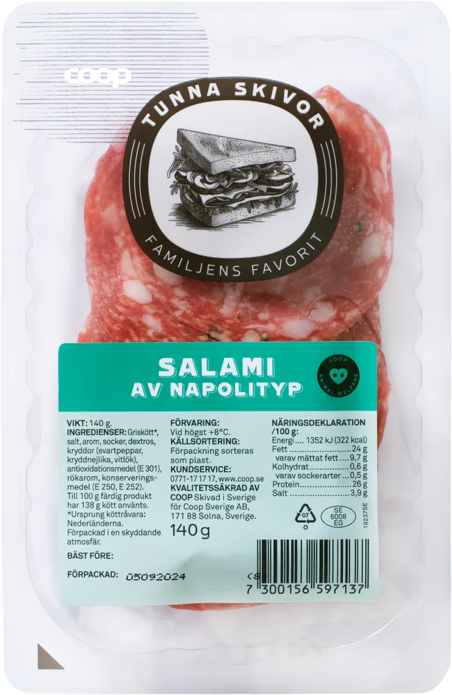 Salami Napoli TS, Coop, 140g | Jämför pris & handla via Matspar.se